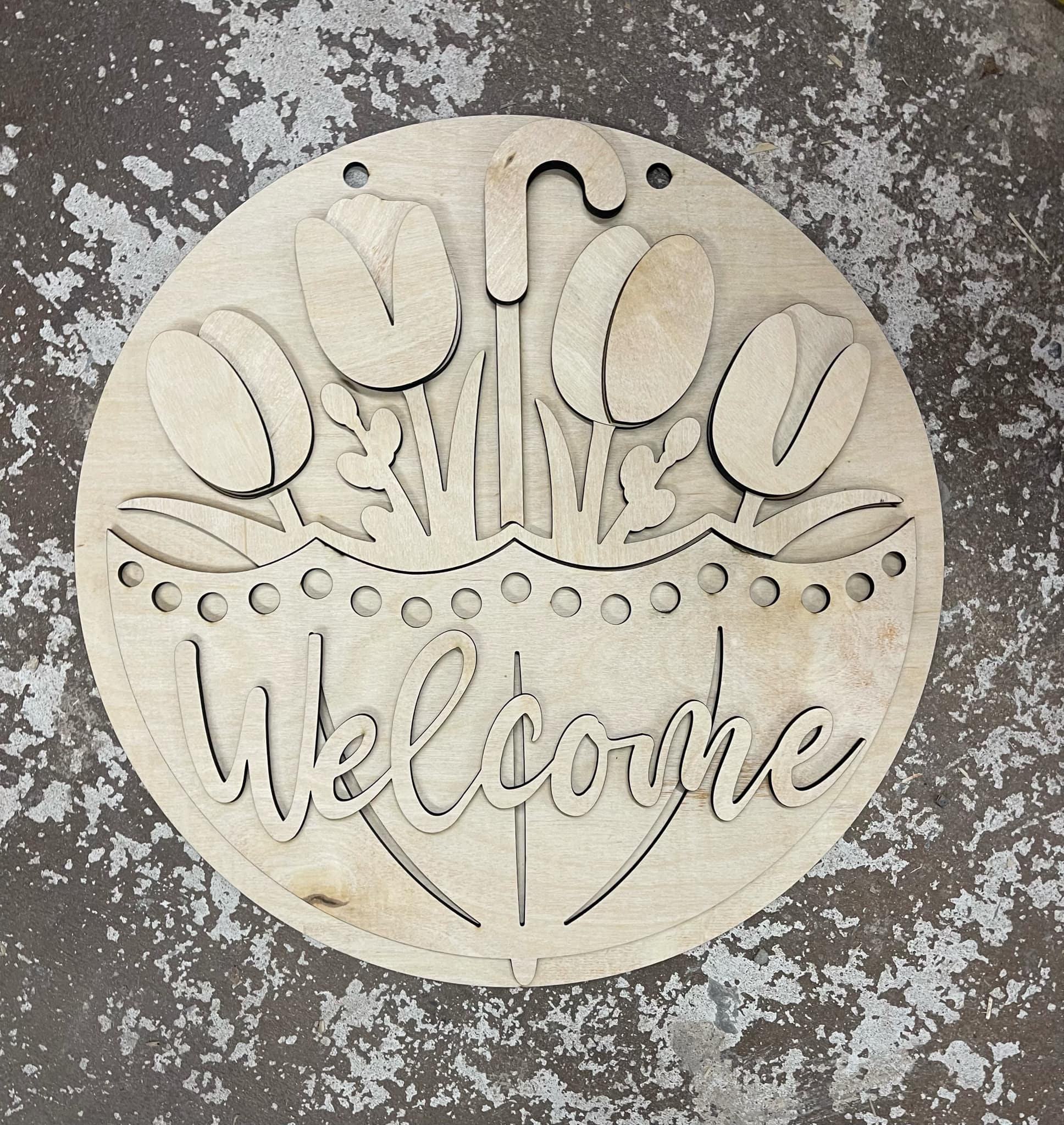 15” Welcome With Umbrella & Tulips Layered Circle Door Hanger Wood ...