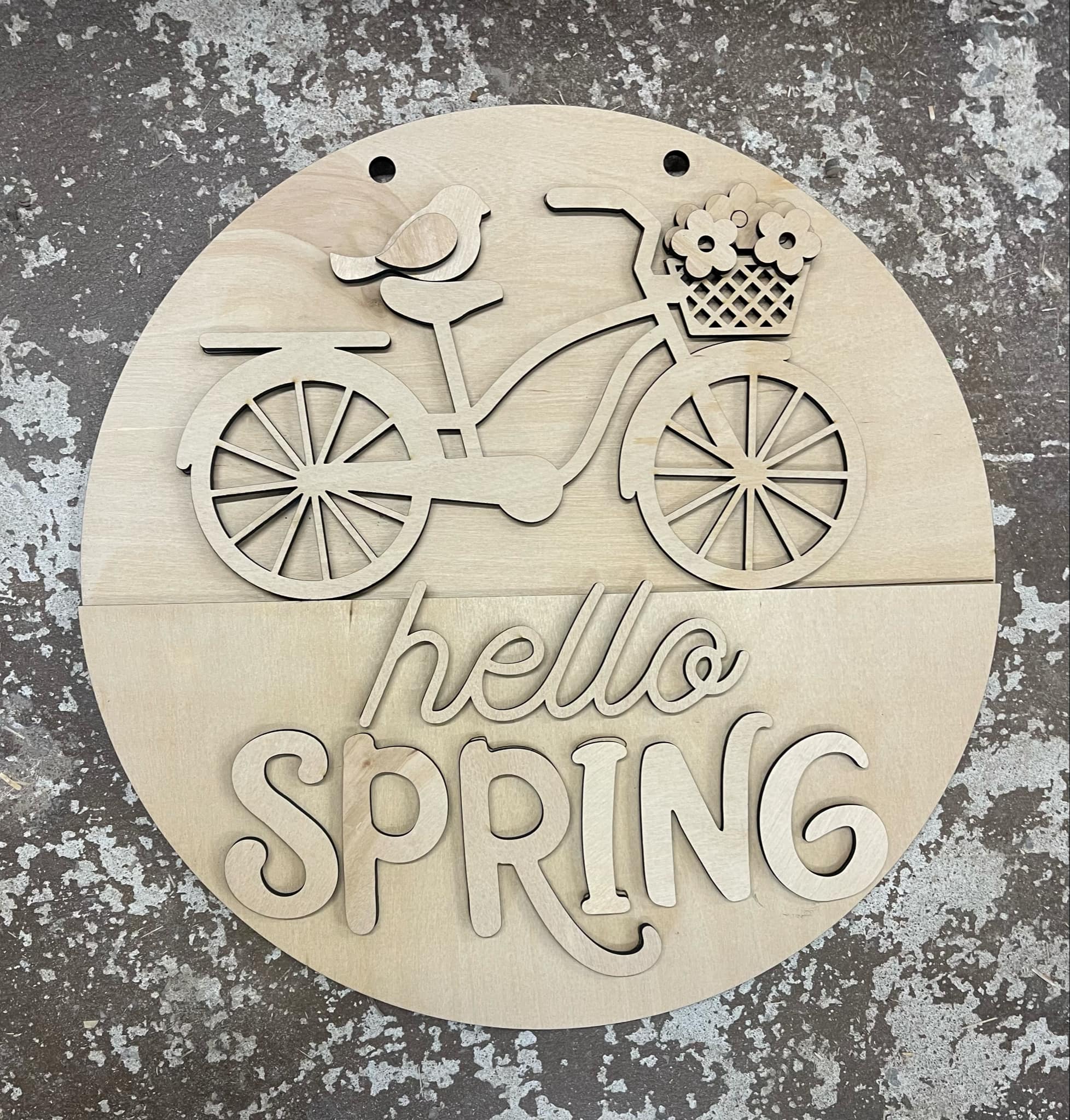 15” Hello Spring Bicycle Layered Circle Door Hanger Wood Cutout | MR ...