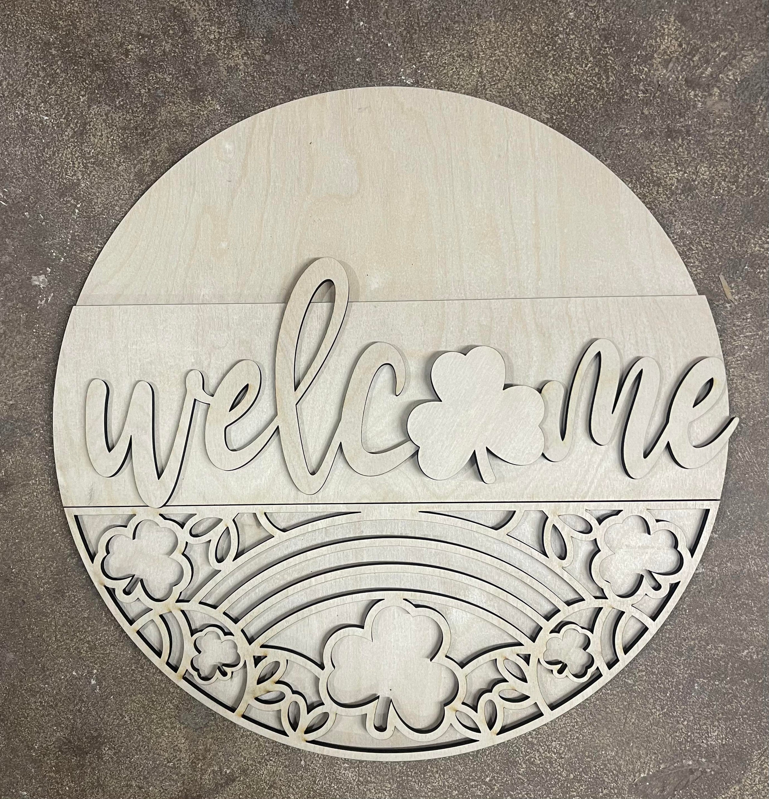 15” Welcome With Shamrocks Door Hanger wood Cutout | MR. PEACOCK'S WOOD LLC