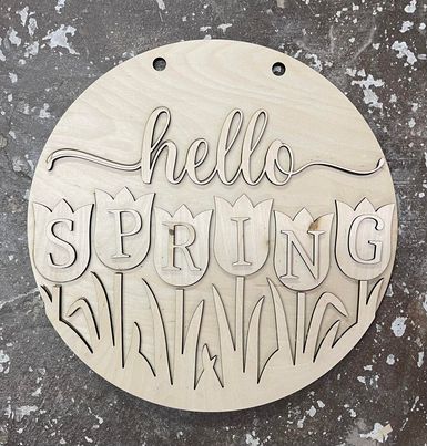 15” Hello Spring Tulip Layered Circle Door Hanger Wood Cutout | MR ...