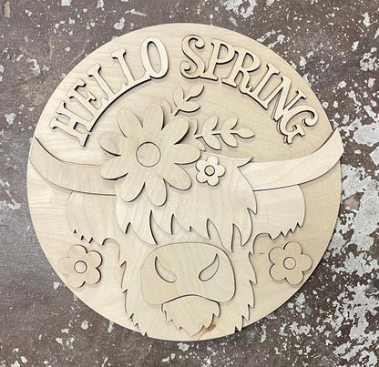 15” Hello Spring Highland Cow Layered Circle Door Hanger wood Cutout ...