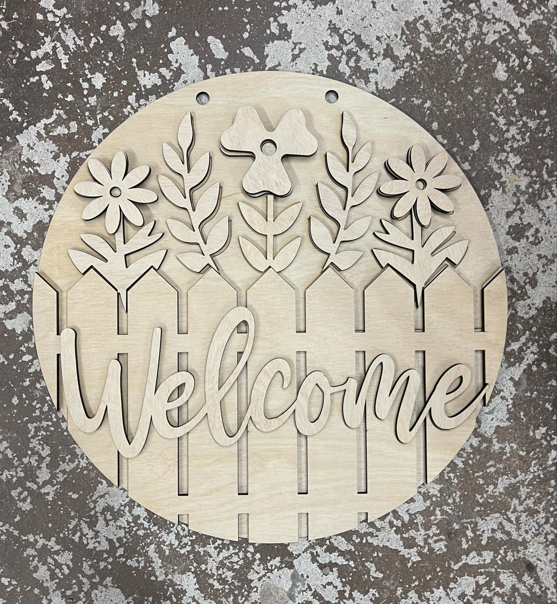 15” Welcome Picket Fence & Flowers Layered Circle Door Hanger Wood ...
