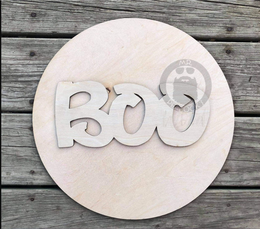 15” Circle And BOO Set Door Hanger Wood Cutout | MR. PEACOCK'S WOOD LLC